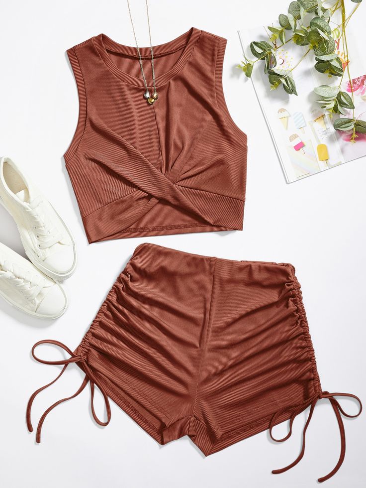 Solid Twist Front Crop Tank Top And Shorts Cute Outfits With Shorts Cropped Tank Top Short Outfits