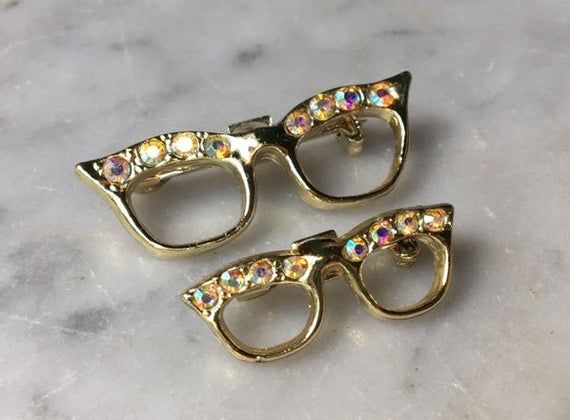 Vintage Gold Tone Cat Eye Glasses Aurora Borealis Rhinestone Etsy