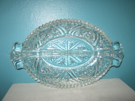 Vintage Pressed Glass Divided Relish Dish With Handles Clear Etsy Vintage Pressed Glass
