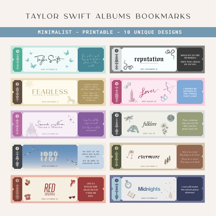 Taylor Swift Eras Albums Bookmarks Minimalist Vintage Ticket Instant ... Taylor Swift Eras Albums Bookmarks Minimalist Vintage Ticket Instant ...