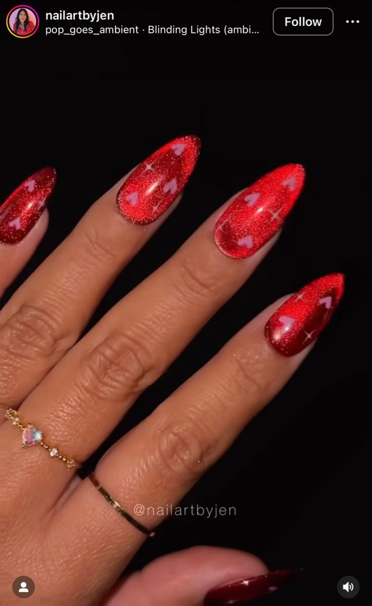 Red Cat Eye Heart Design Valentine Nails Pink Nail Designs Valentines Valentines Day Nails