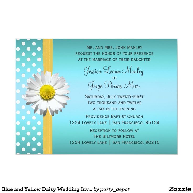 A Blue And Yellow Polka Dot Wedding Card With A Daisy On The Front In White Dots