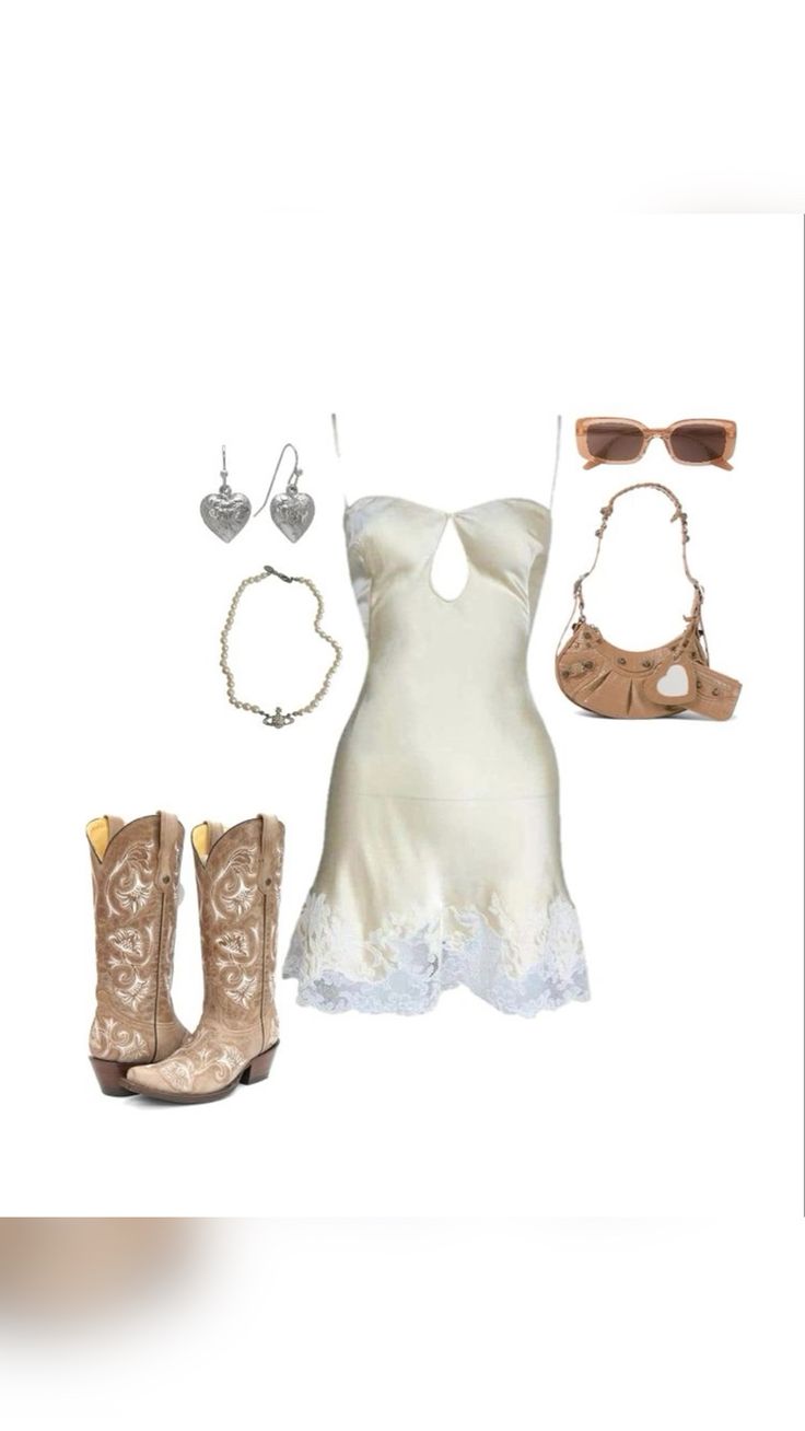 Country Concert Outfit Coastal Cowgirl Aesthetic Gold Hoops White Slip