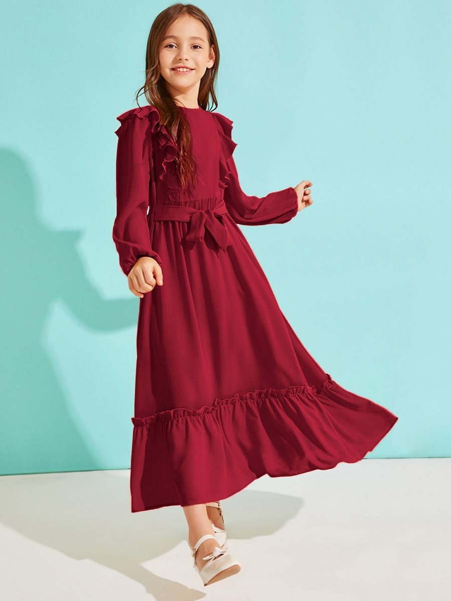 Shein Girls Ruffle Trim Lantern Sleeve Self Belted Dress Elegant