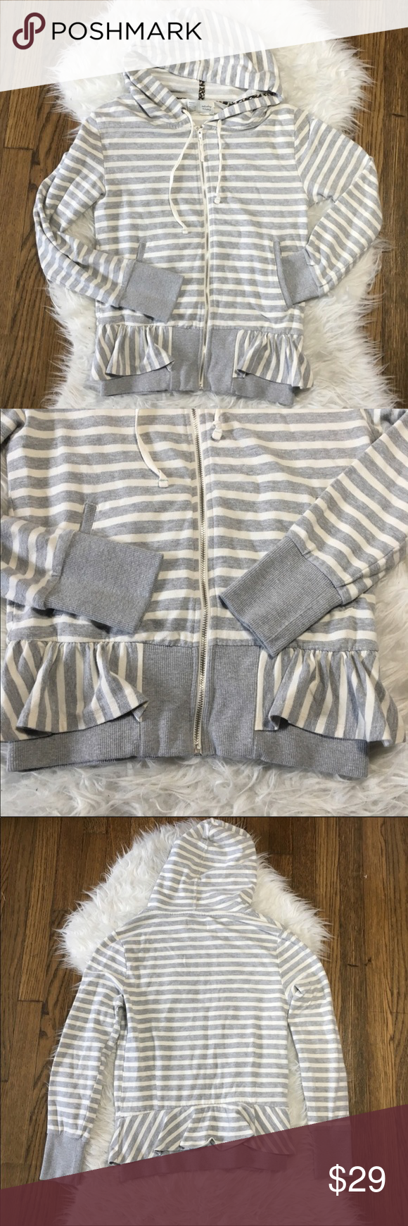 Anthropologie Grey Ruffled Zip Striped Sweatshirt So Sweet