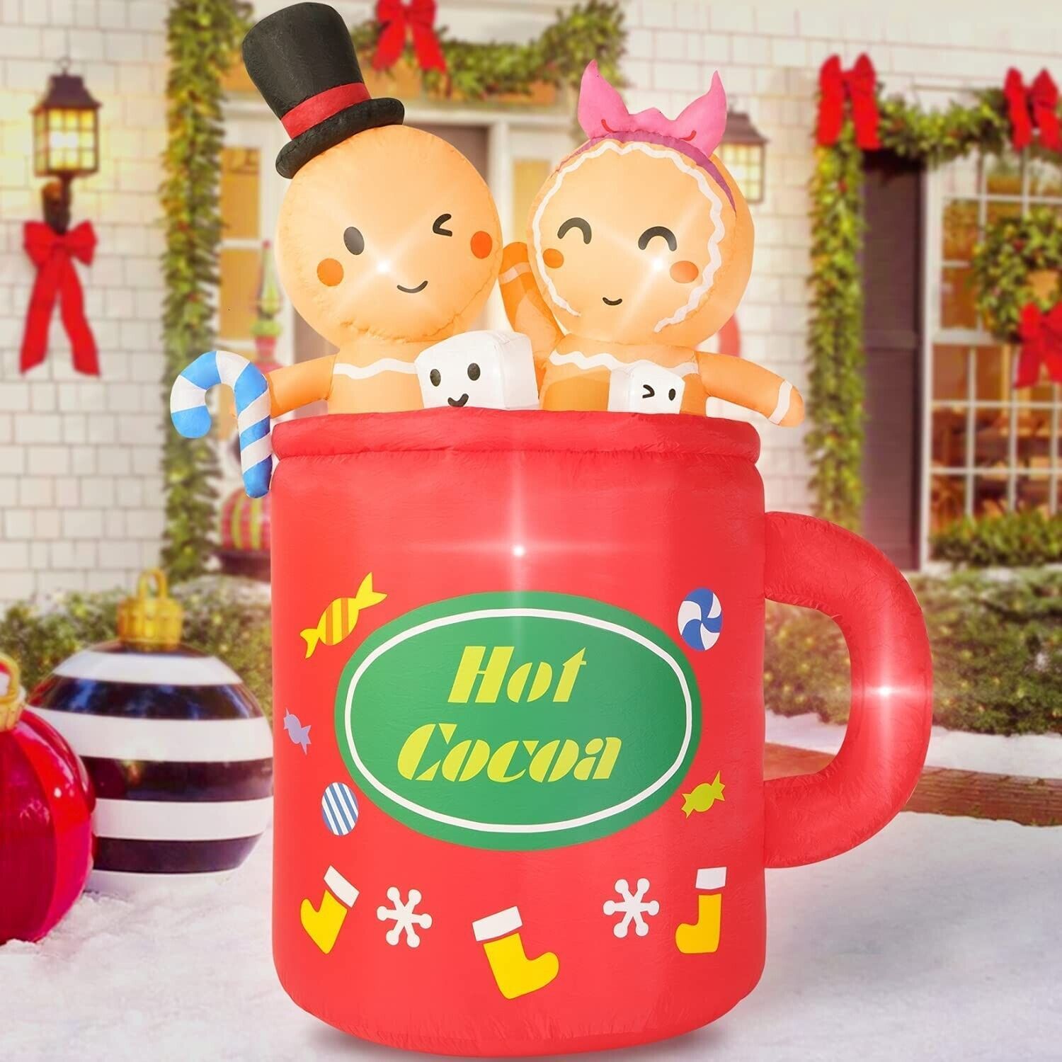 6 6ft Christmas Inflatable Gingerbread Man In Hot Cocoa Mug Xmas