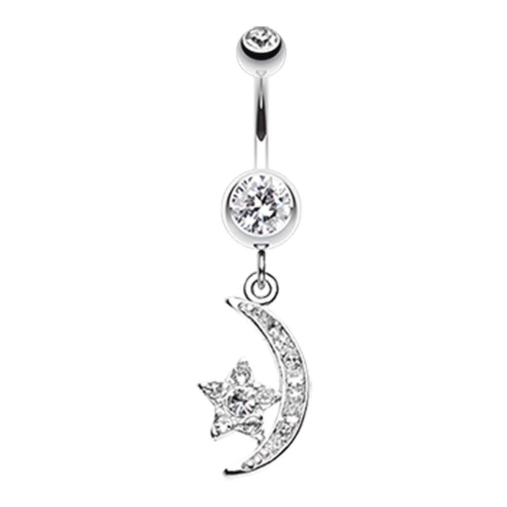 Glistening Moon And Star Belly Button Ring