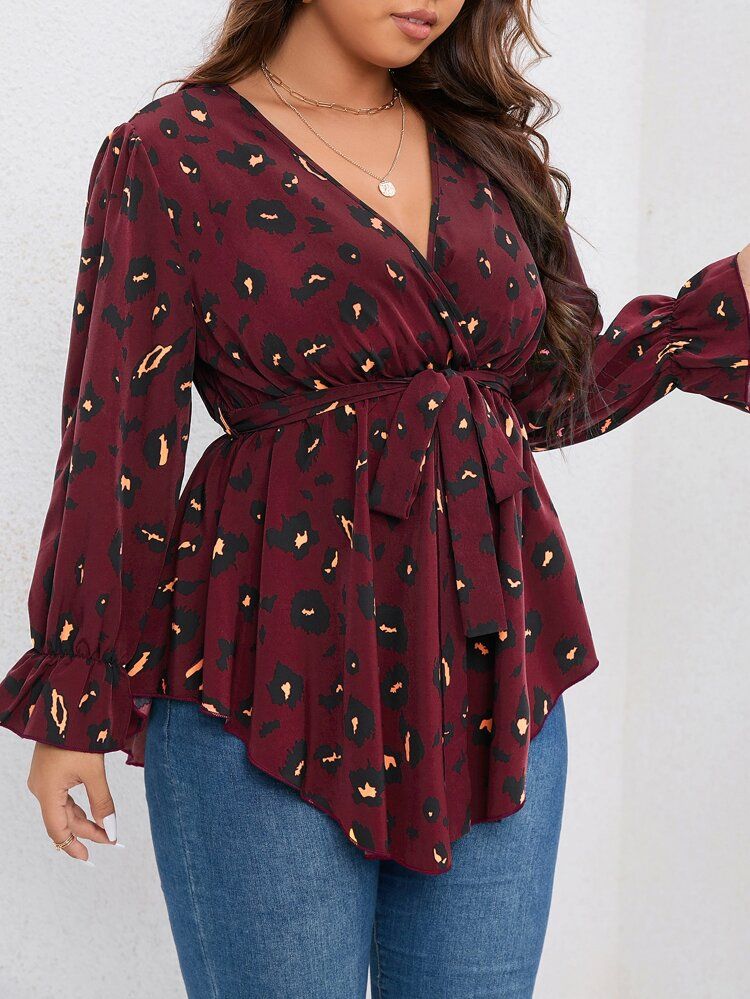 Plus Allover Print Flounce Sleeve Belted Peplum Blouse Shein Usa