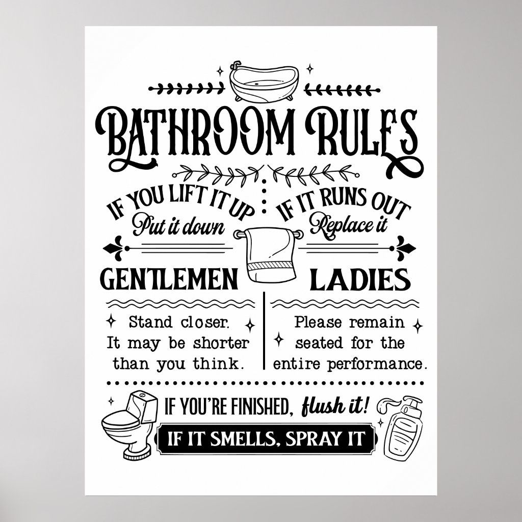 Cute Funny Bathroom Rules Poster Zazzle Bathroom Rules Bathroom