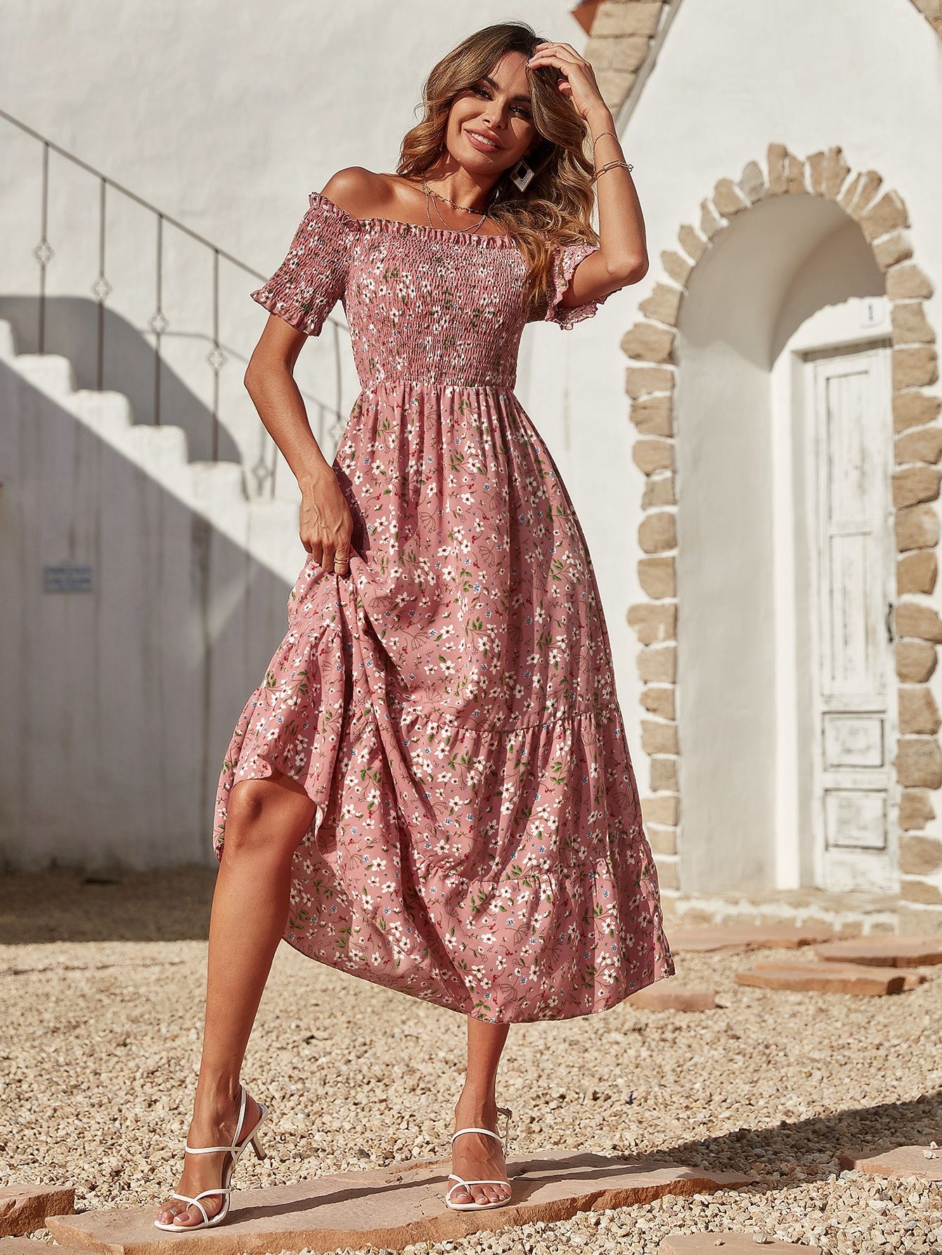 Floral Ruffle Hem Shirred Bardot Dress | Bardot dress, Floral ruffle ... Floral Ruffle Hem Shirred Bardot Dress | Bardot dress, Floral ruffle ...