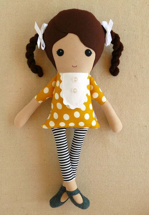 Fabric Doll Rag Doll Brown Haired Girl With Braids In Yellow Gold Dress