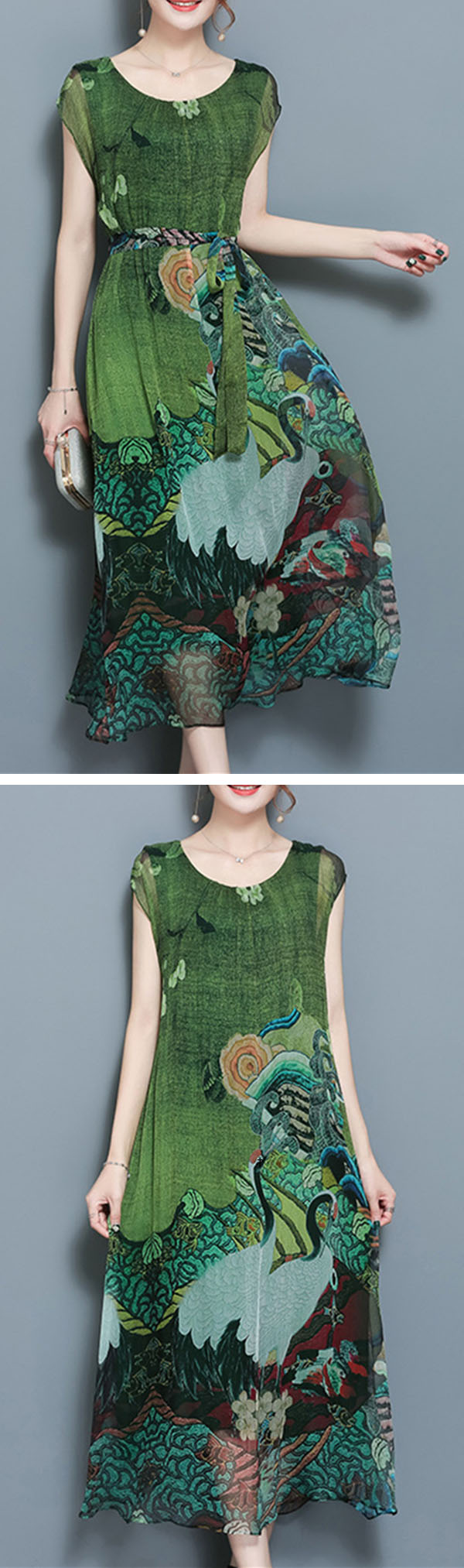 Us 33 97 Gracila Women Vintage Printed Short Sleeve Mid Long Dresses