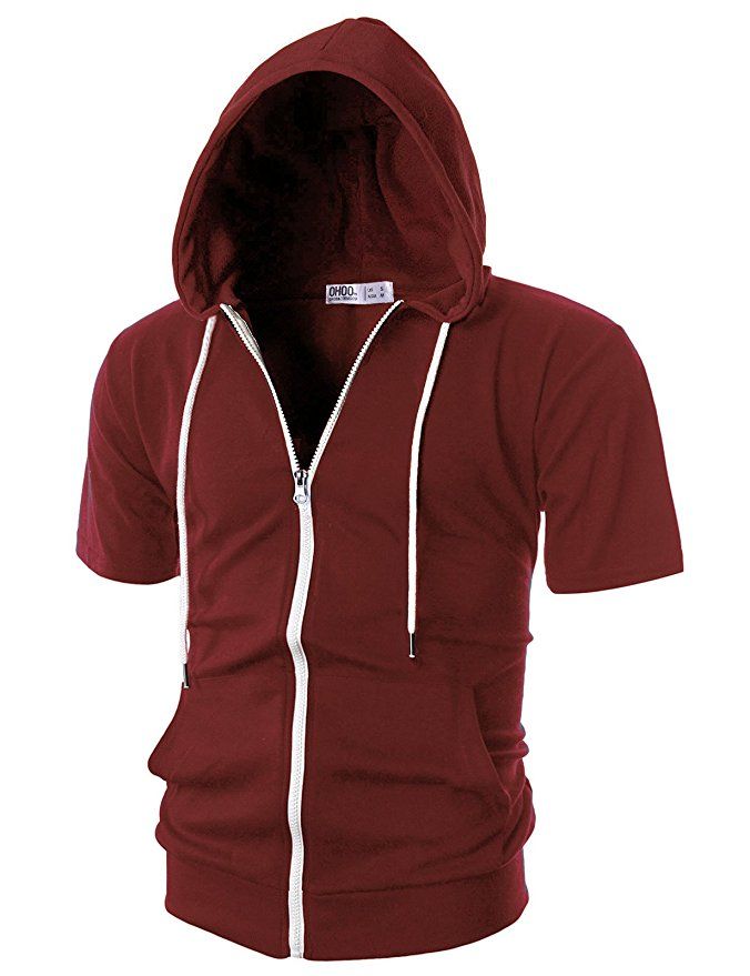 Ohoo Mens Slim Fit Short Sleeve Lightweight Zip Up Hoodie With Kanga Pocket