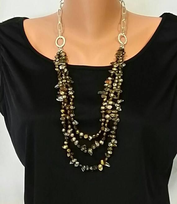 Bronze Freshwater Pearls Multistrand Necklace Etsy Multi Strand