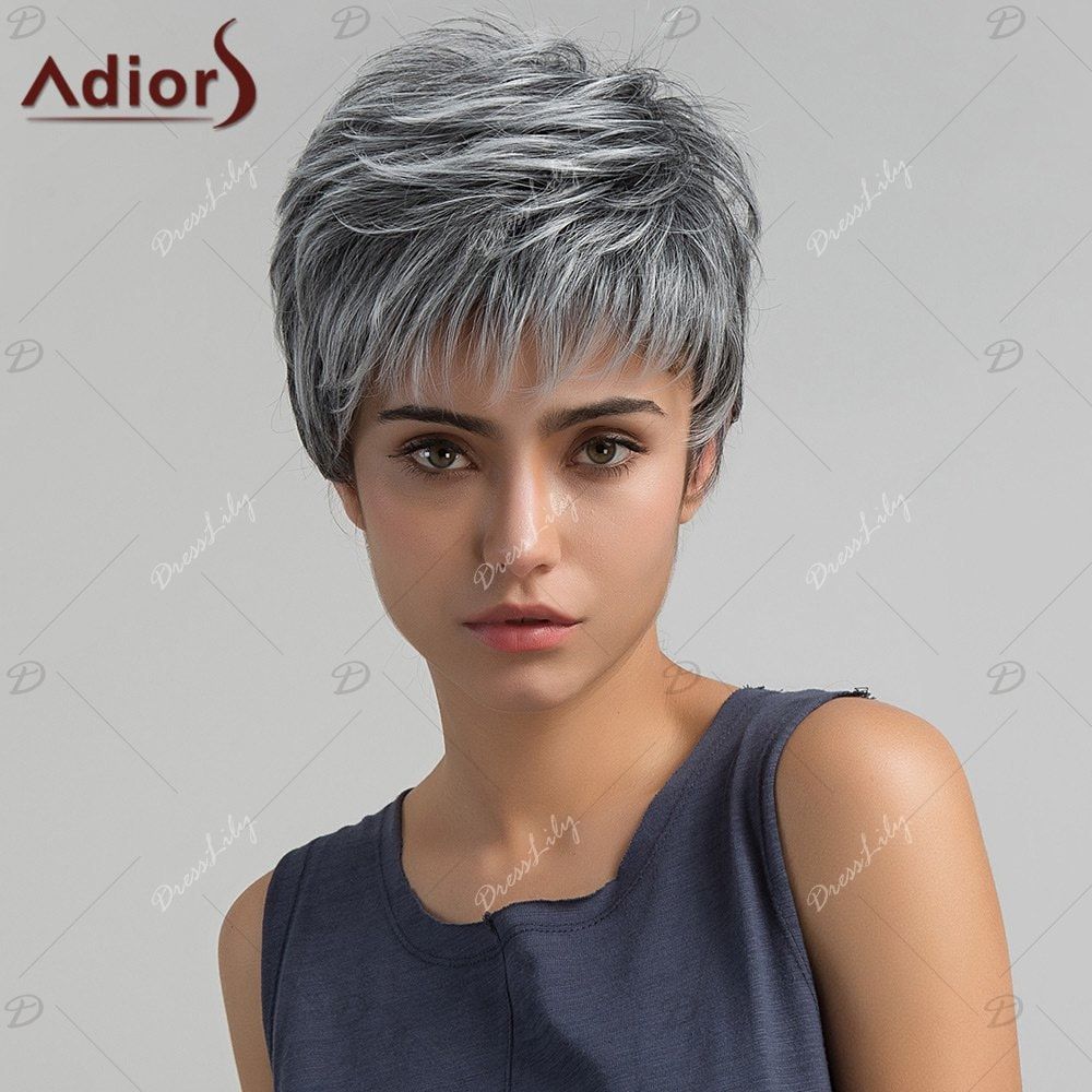 Adiors Short Inclined Bang Shaggy Layered Straight Pixie Synthetic Wig