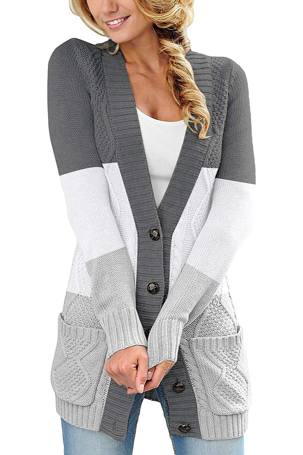 Luvamia Womens Long Sleeve Open Front Buttons Cable Knit Pocket Sweater