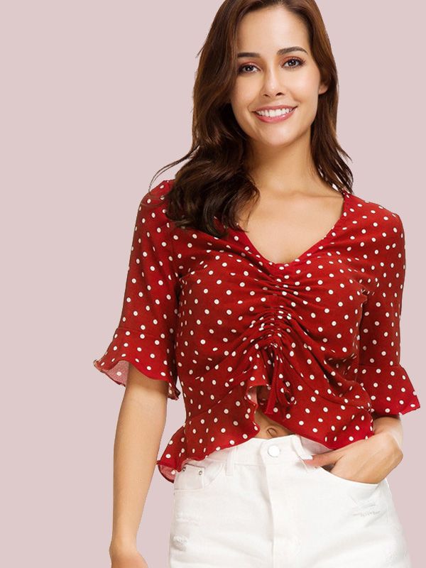 White Red Polka Dot Ruffled Hem Crop Blouse Red Blouse Outfit