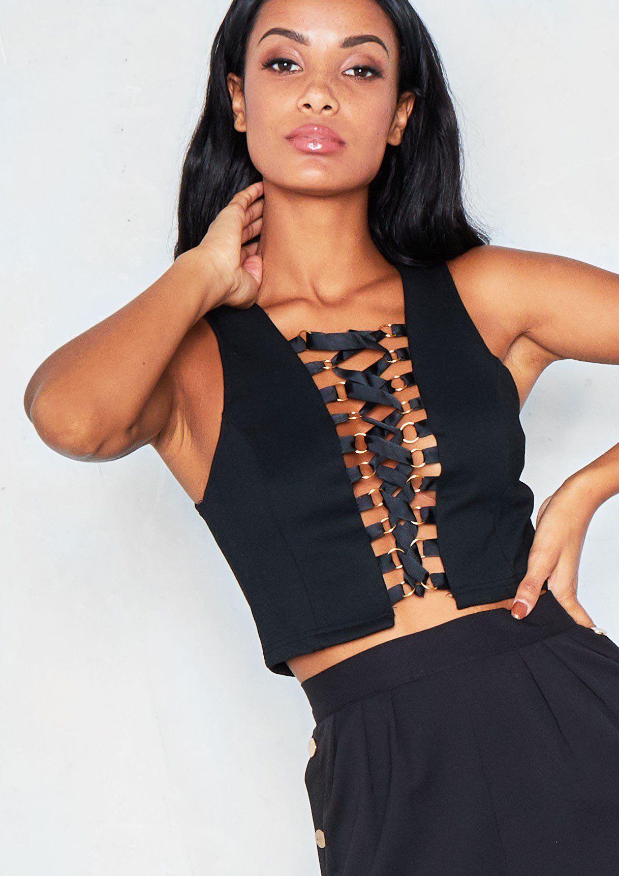 Betsy Black Lace Up Crop Top Casual Game Missy Zip Ups Lace Up Crop