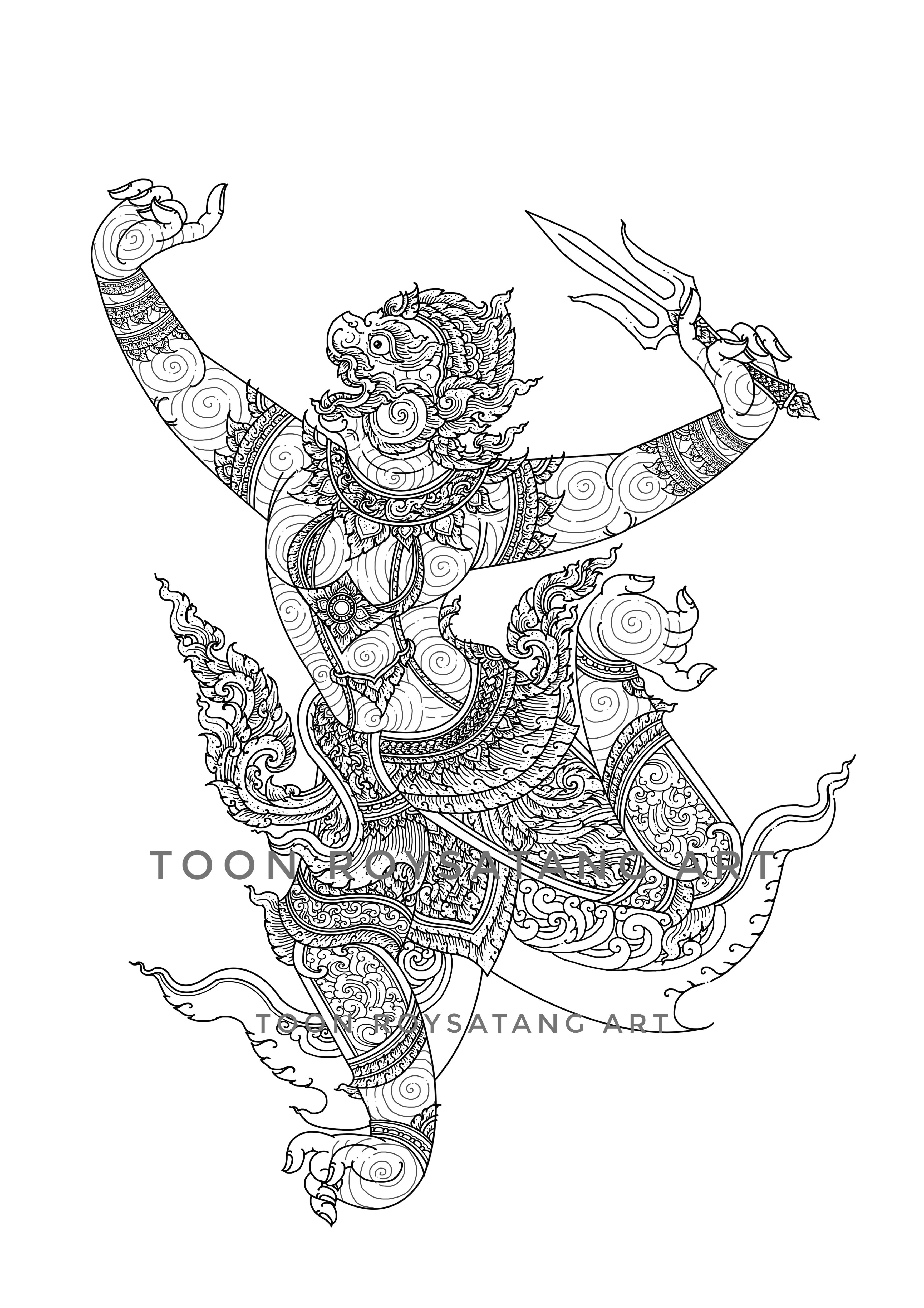 หนุมานลายเส้นไทย ภาพประกอบ ศิลปะลายเส้น ภาพวาด