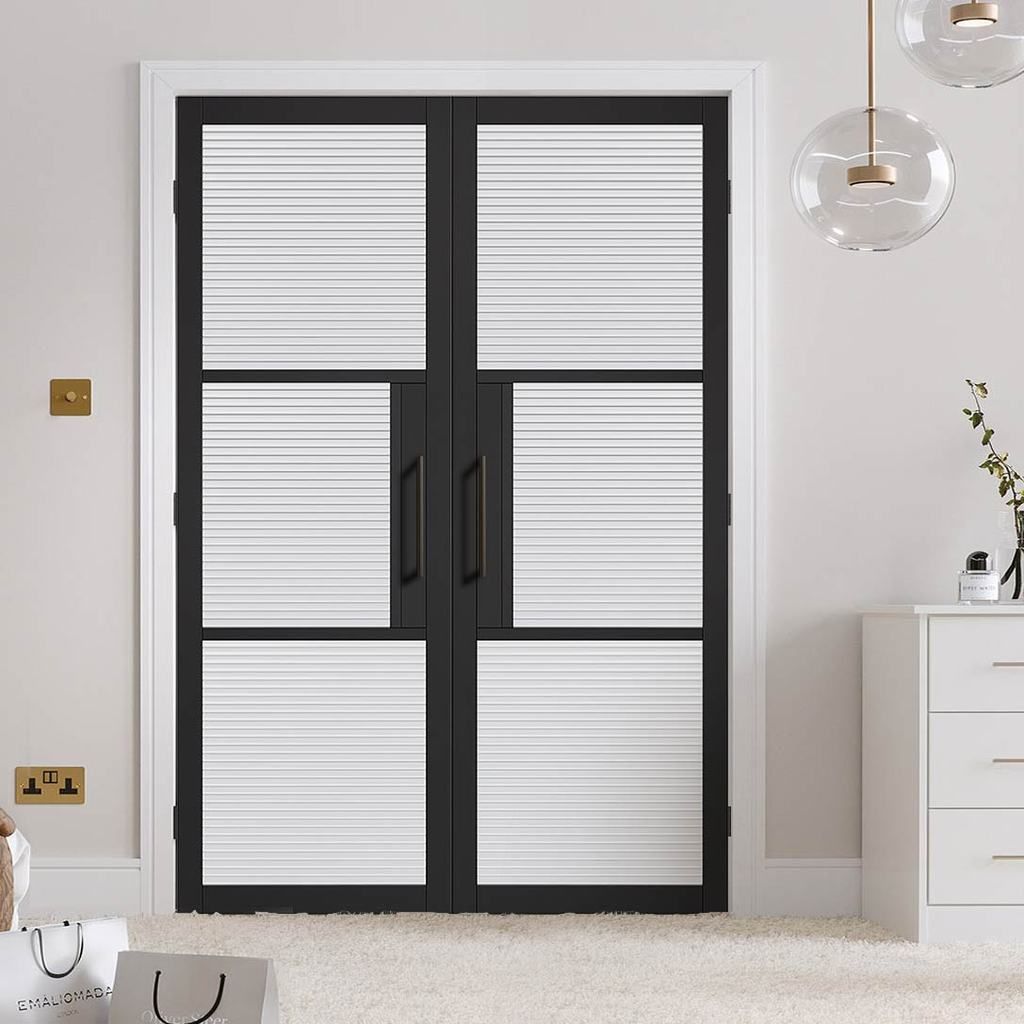 Tribeca 3 Pane Black Primed Door Pair Reeded Glass Primed Doors Reeded Glass Loft Style