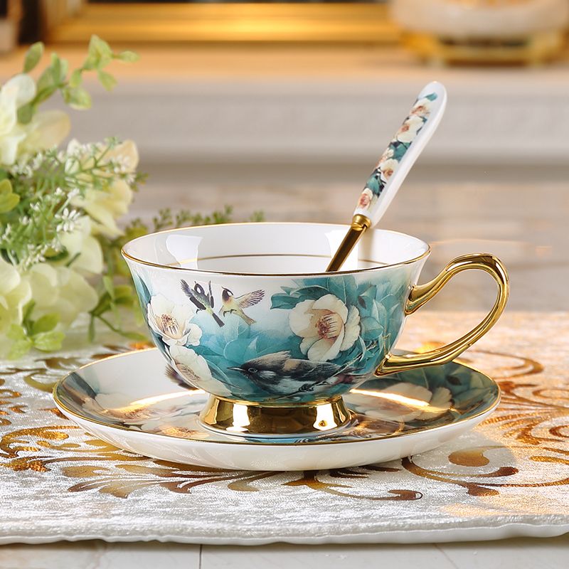 Peacock Blue Bone China Coffee Cup Set Tea Cup Set With Flower And Bird Pattern Tea Cup With