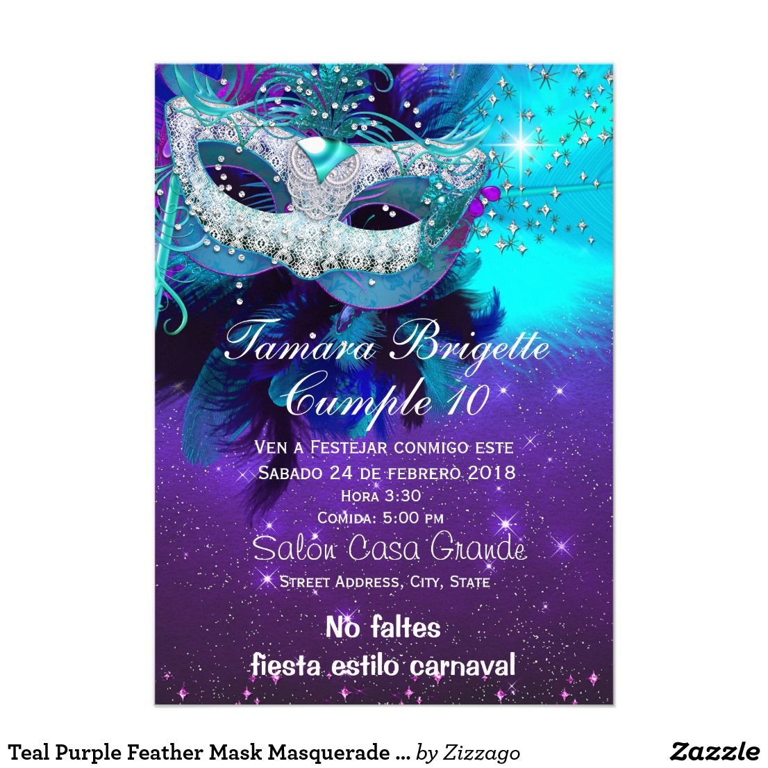 Teal Purple Feather Mask Masquerade Invitation Masquerade Invitations