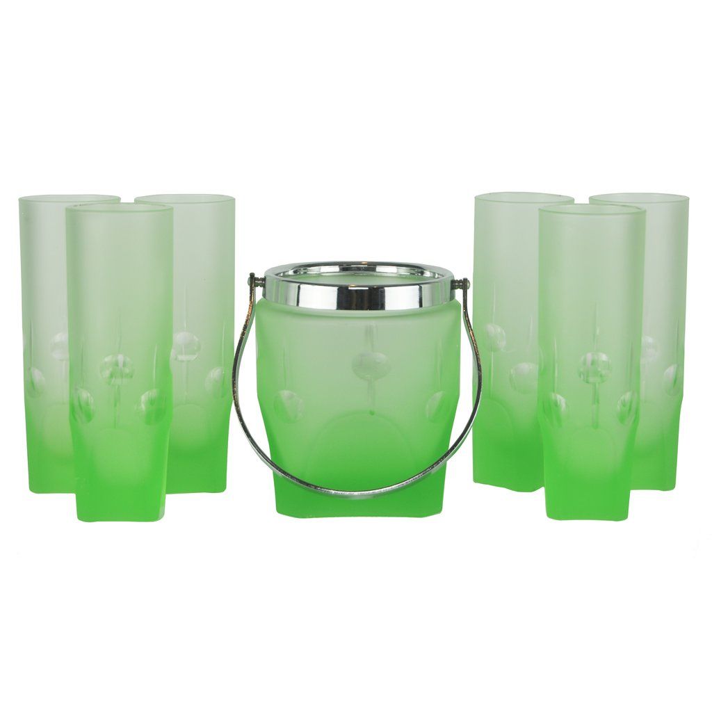 Gorgeous Vintage Light Green Frosted Ice Bucket And Tall Collins Glasses Set Available At The