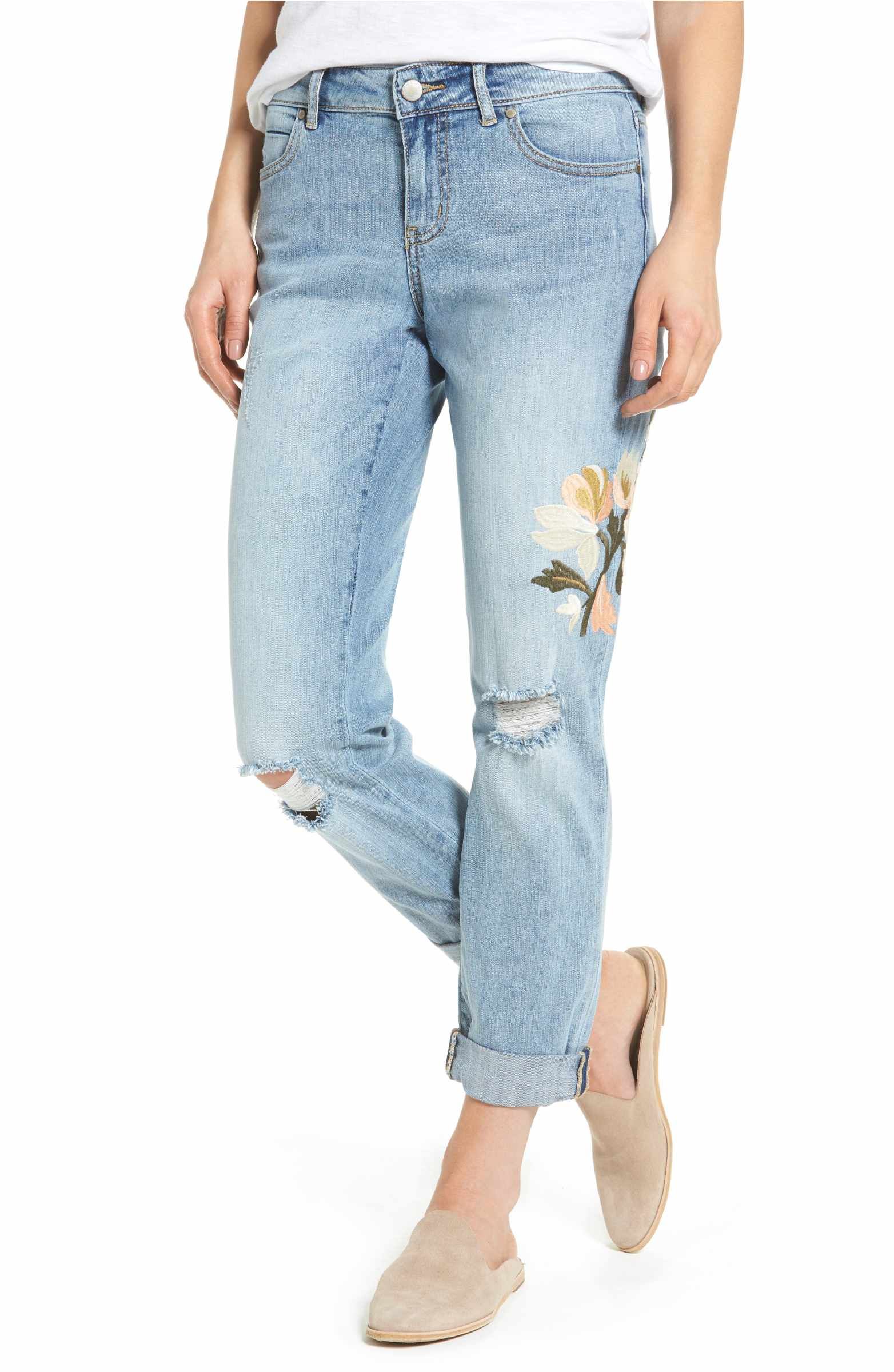 Main Image Caslon® Ripped And Floral Embroidered Straight Leg Jeans