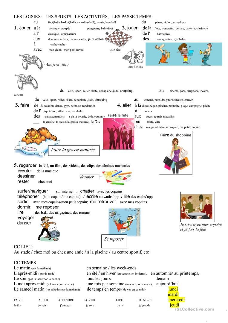 Faire Du De La Et Jouer Au à La Français Fle Fiches