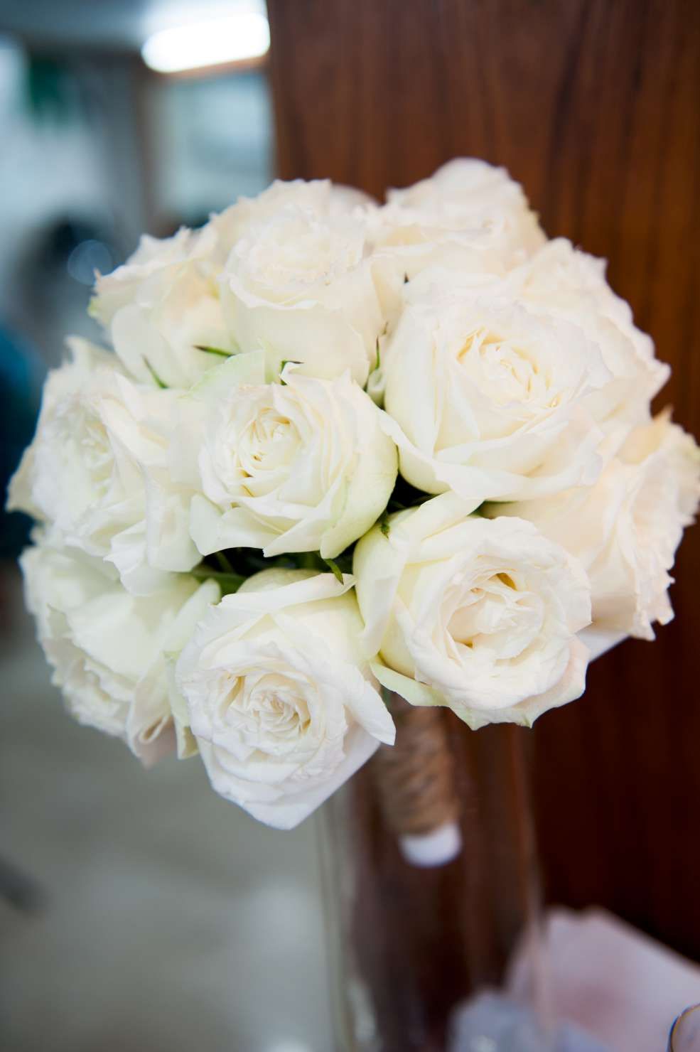 Full White Rose Bouquet In A Poesy Style With Natural Twine Wrapped Stems Faraway Beach