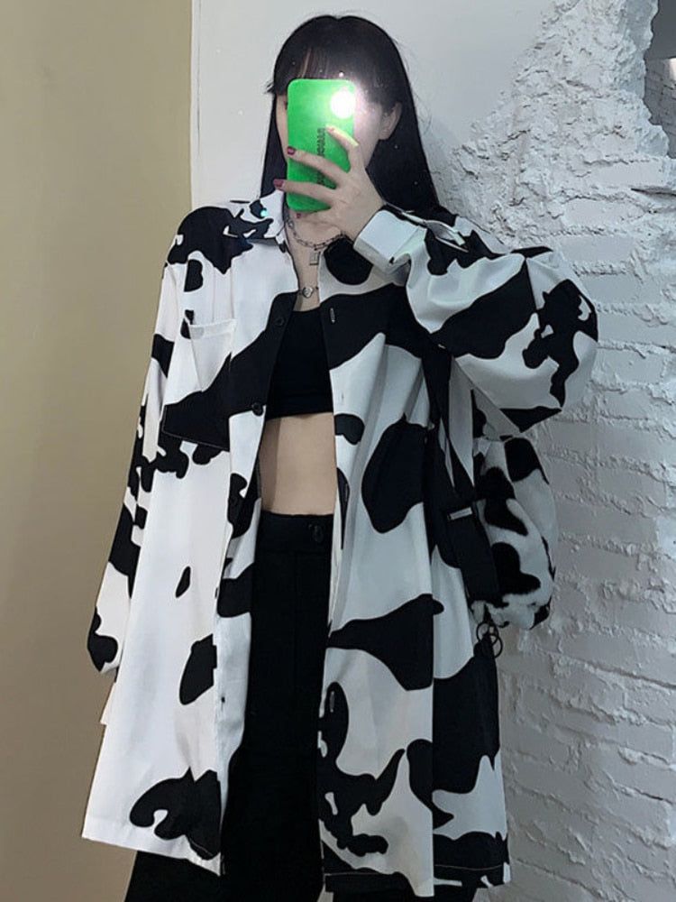 Thanksgiving T Korean Style Cow Print Blouses Women Harajuku Hip Hop Oversize Button Up
