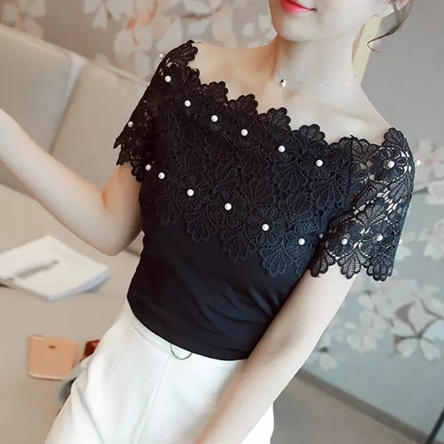 Mulheres Camisa Blusa De Renda Patchwork Casual Parte Superior Do Ombro