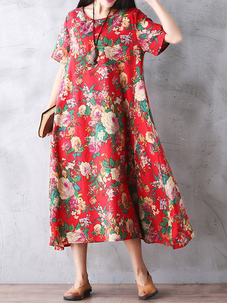 Gracila Bohemian Women Vintage Floral Printed Loose Short Sleeve Maxi