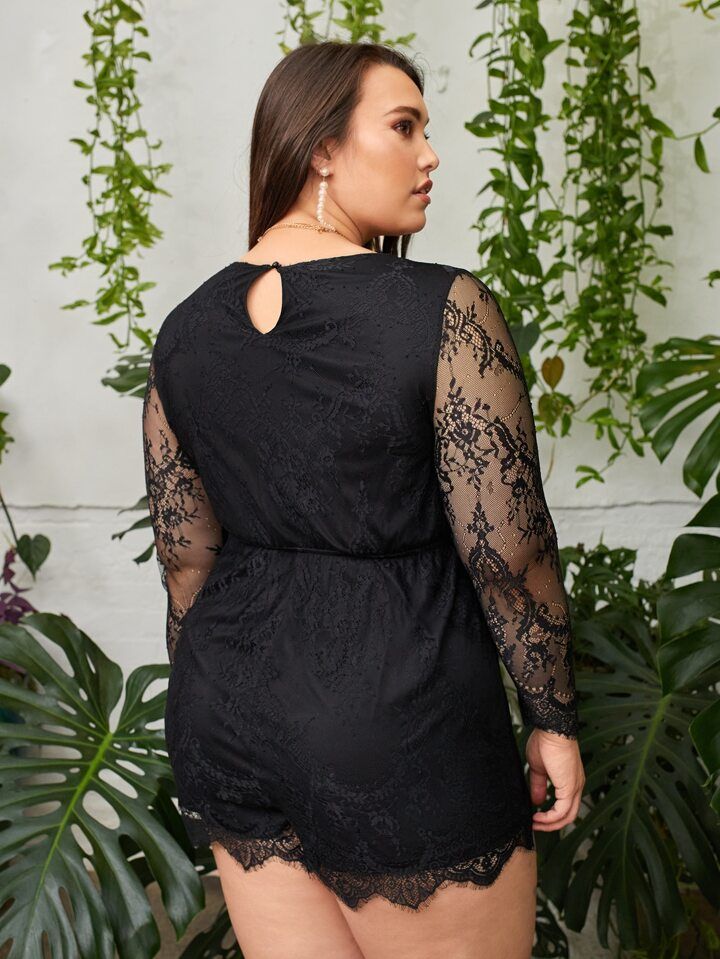 Shein Plus Surplice Neck Sheer Sleeve Lace Romper Lace Romper Sheer Sleeves Rompers