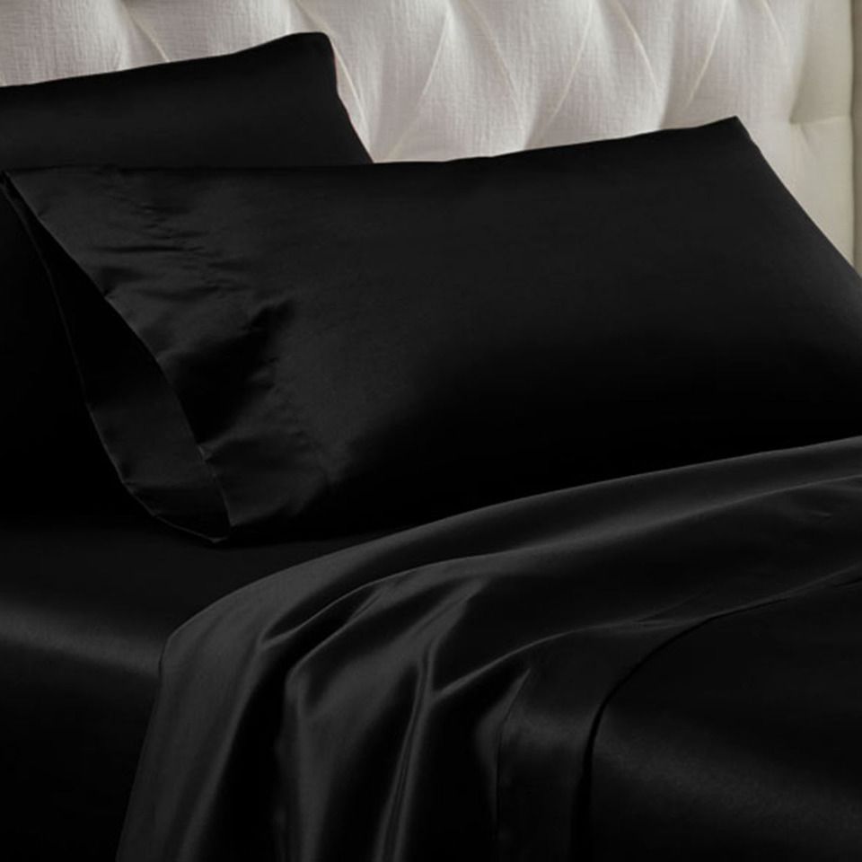 4 Piece Satin Queen Sheet Set In Black Black Bed Linen Fitted Bed Sheets Bed Sheet Sets