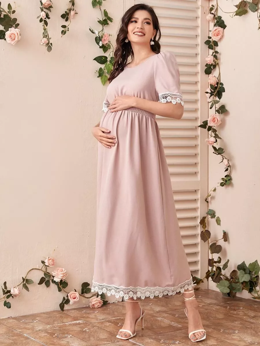 Shein Maternity Contrast Guipure Lace Trim Shirred Waist Dress