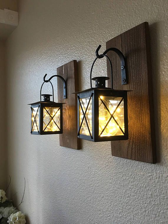 Set Of 2 Black Lantern Sconces With Fairy Lights Or Candles Wood Wall