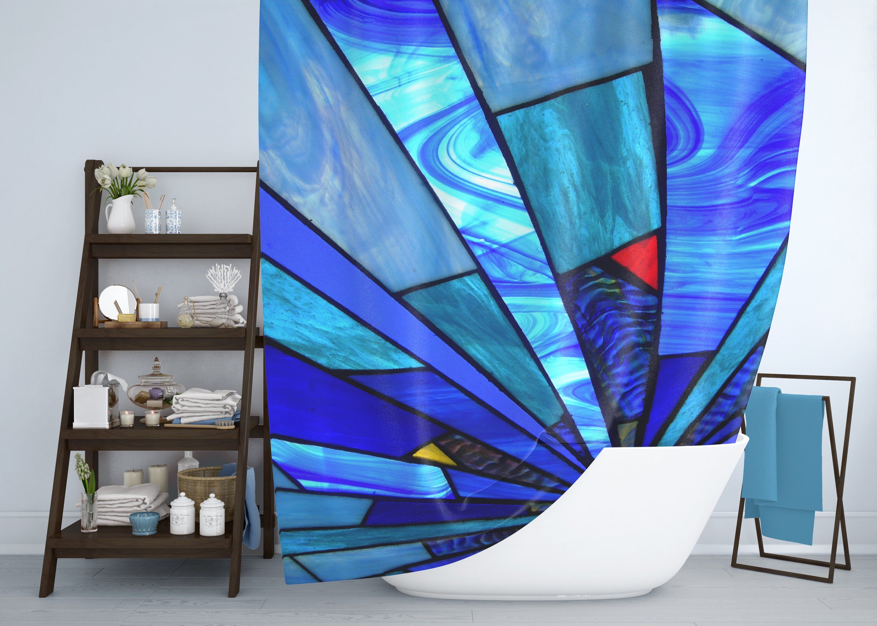 Blue Abstract Shower Curtain Set Stained Glass Nautical Etsy In 2021
