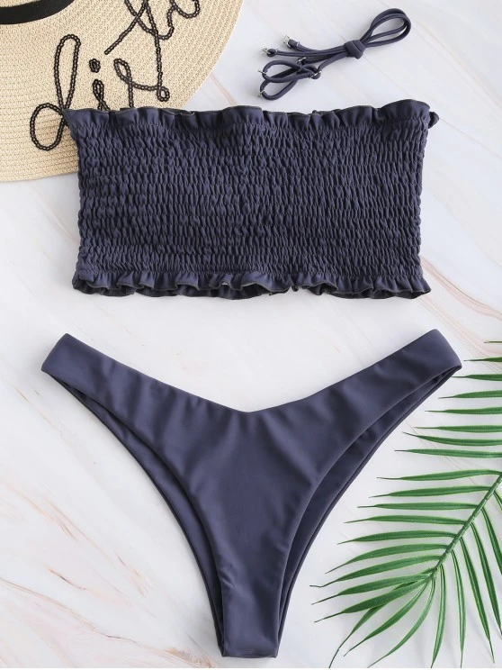 Zaful Frilled Padded Smocked Bikini Set Light Slate Gray Sea Green