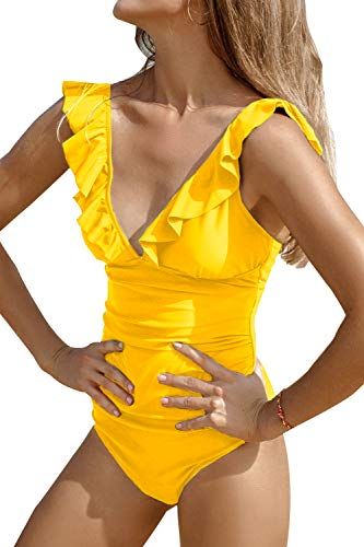 Cupshe Womens V Neck One Piece Swimsuit Ruffled Lace Up Monokini