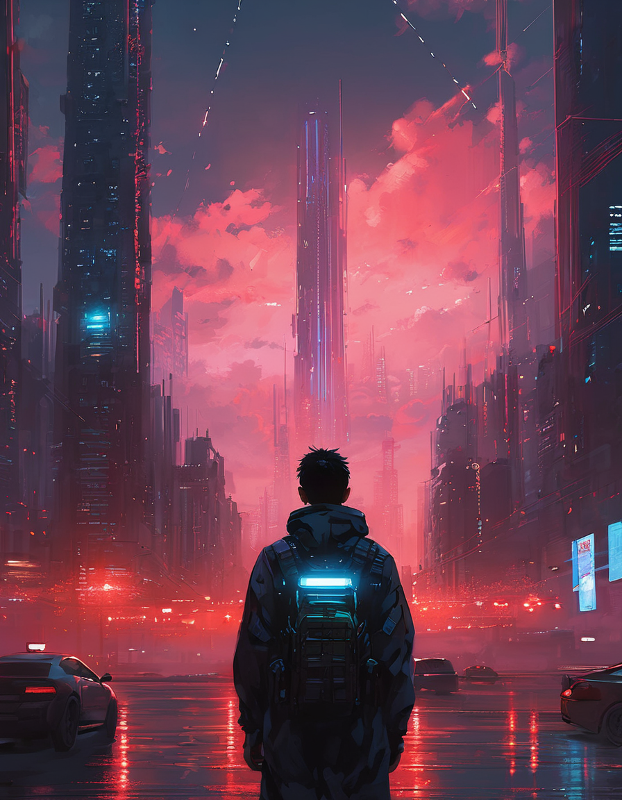 A Man Standing In The Middle Of A City At Night Городское искусство Киберпанк Искусство