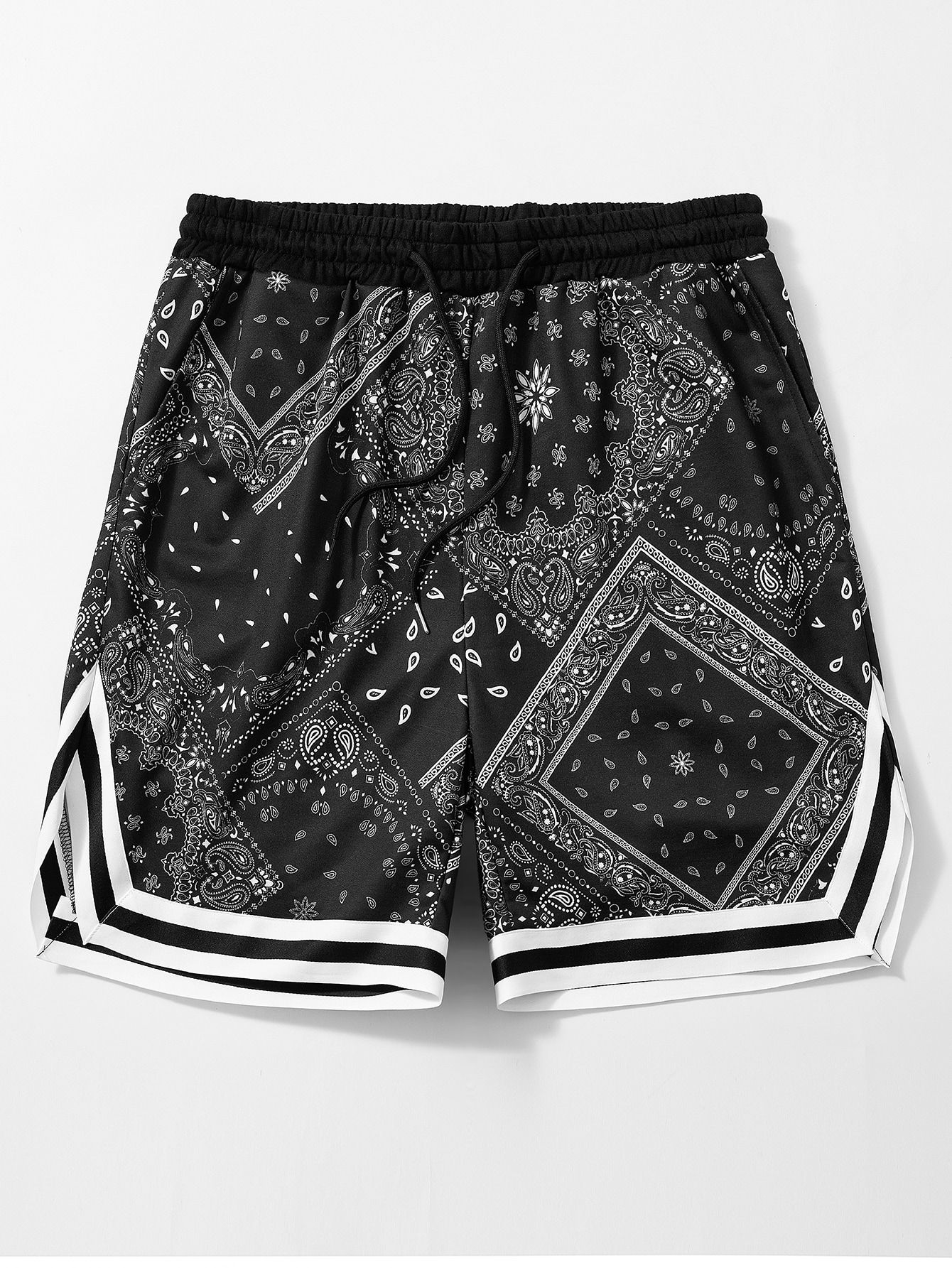 Black And White Preppy Collar Polyester Paisley Track Shorts Embellished Slight Stretch Summer