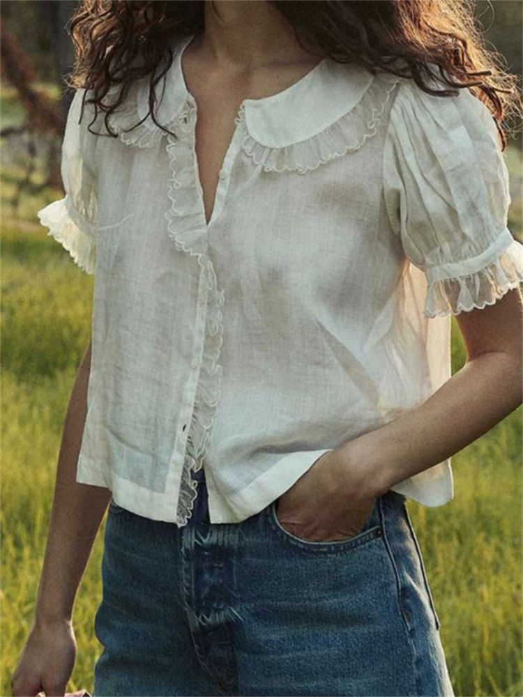 Flowy Ruffle Trim Puff Short Sleeve Blouse Casual Outfits Clothes