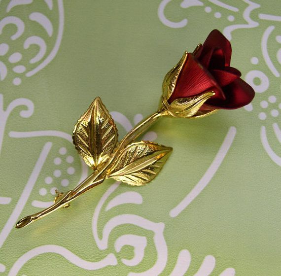 Giovanni Gold Tone Red Enamel Rose Flower Brooch Pin Etsy Flower