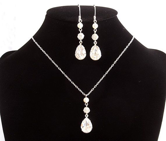 Bridal Jewelry Set Swarovski Crystal And Pearl Wedding Jewelry Set Sterling Silver Pendant