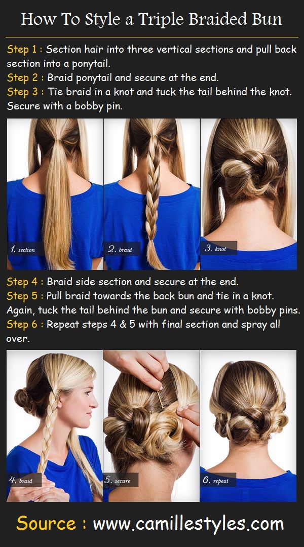 A Triple Braided Bun Braided Bun Hairstyles Braided Bun Hair Braid Bun Tutorial
