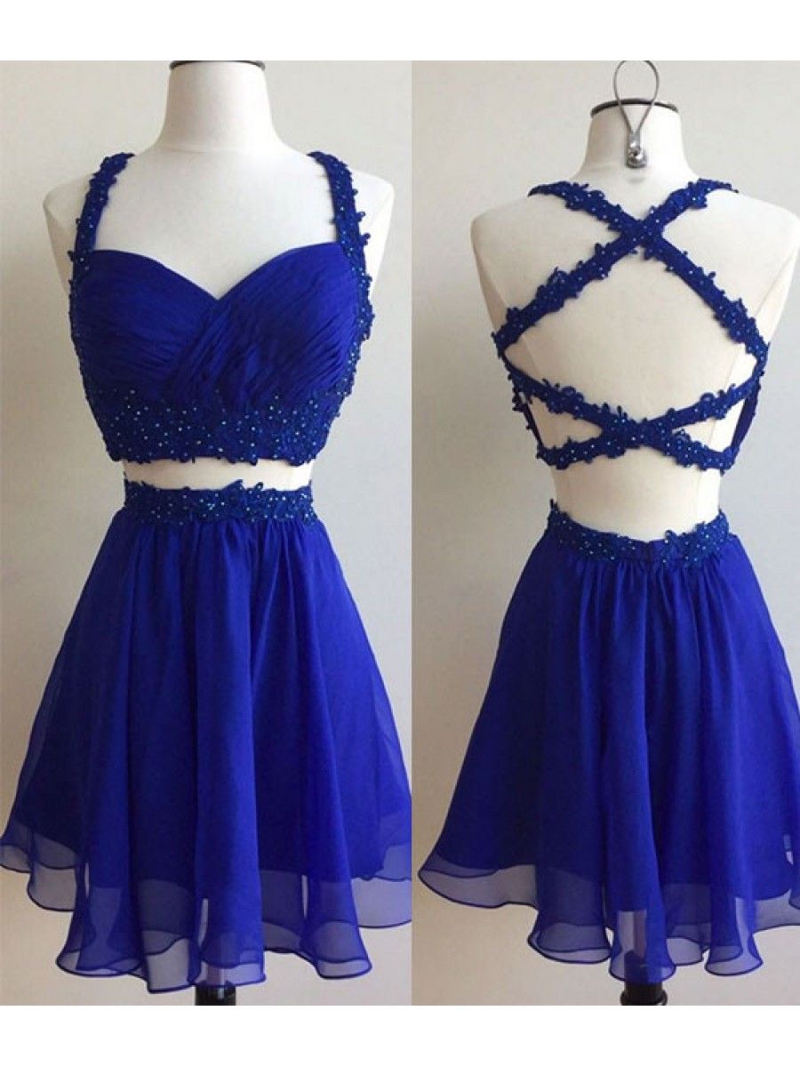 Short Two Pieces Royal Blue Beaded Lace Appliques Prom Homecoming