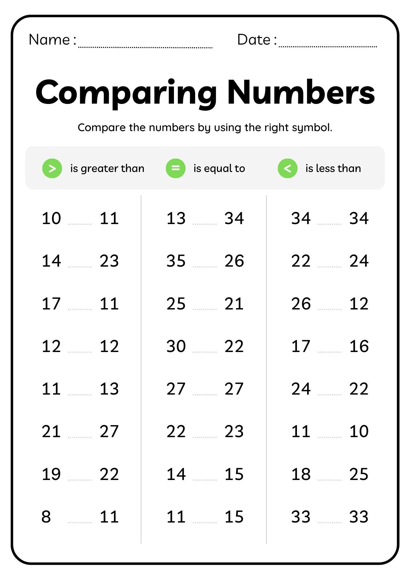 Comparing Numbers Math Worksheets for Grade 1, 2, Homework, Revision ... Comparing Numbers Math Worksheets for Grade 1, 2, Homework, Revision ...