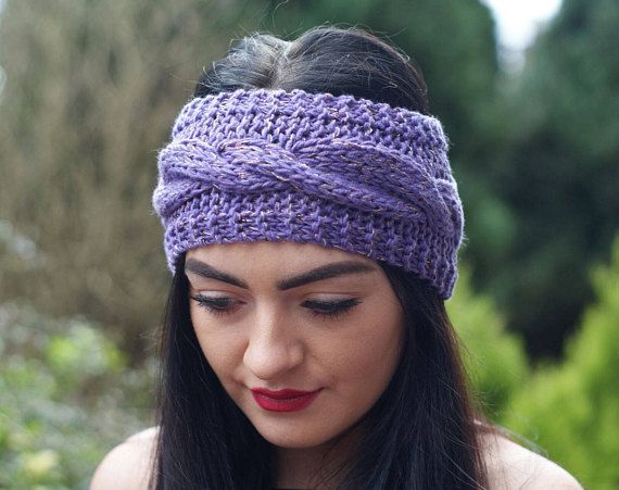 Headband Women Hand Knitted Merino Chunky Purple Ear Warmer Knit