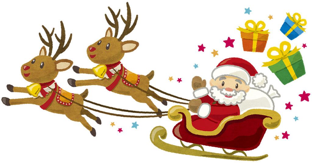 トナカイのソリにのったサンタ(クリスマス)の無料フリーイラスト 咲くっとイラスト(さくっといらすと) クリスマス ソリ そり イラスト トナカイ ソリ